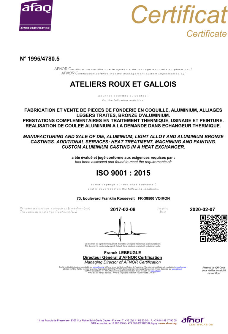 Certificat Afaq qualité Iso 9001 – Fonderie aluminium Roux & Gallois